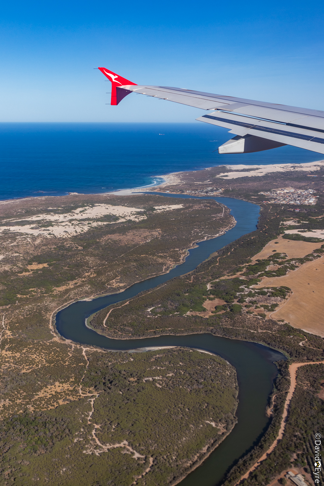Greenough River and Cape Burney, seen from aboard VH-VQS Airbus A320 ...