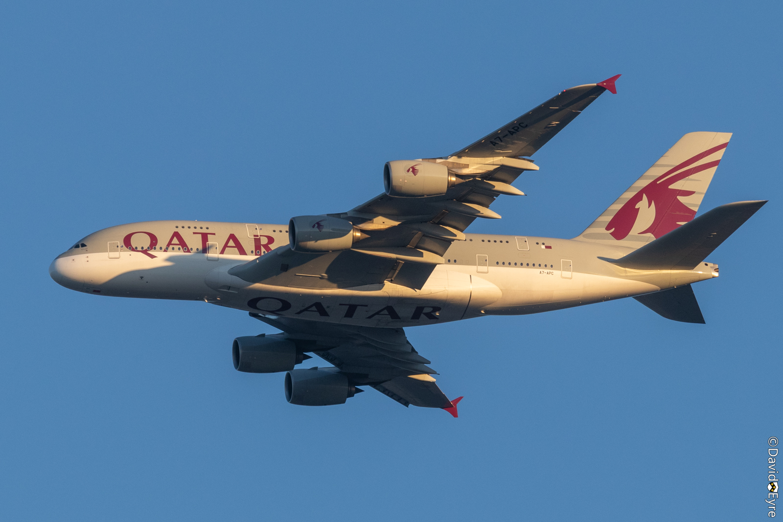 A7-APC Airbus A380-861 of Qatar Airways, named ‘Al Kharrara’, over the ...