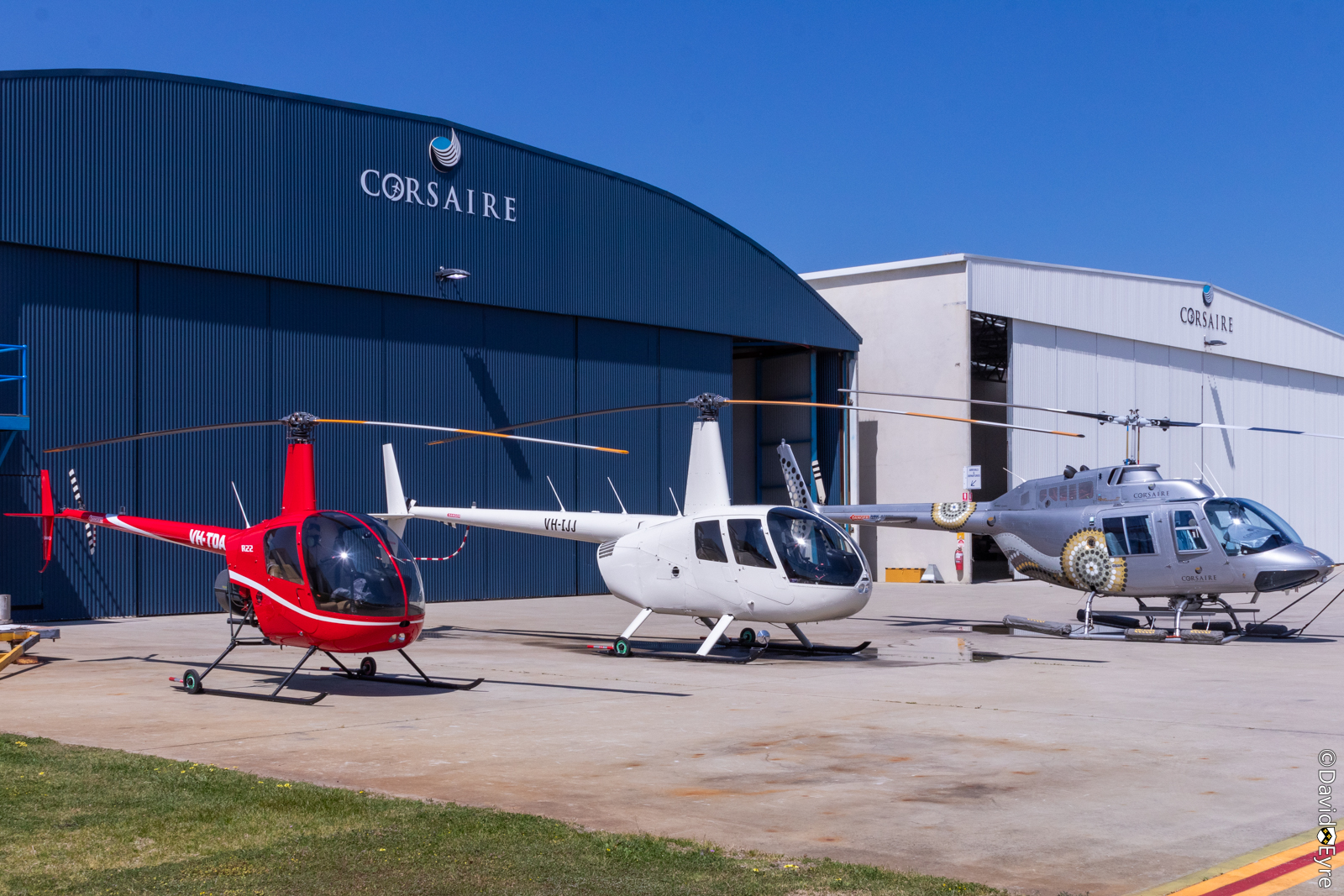 Helicopters outside Corsaire Aviation’s hangars at Jandakot Airport ...