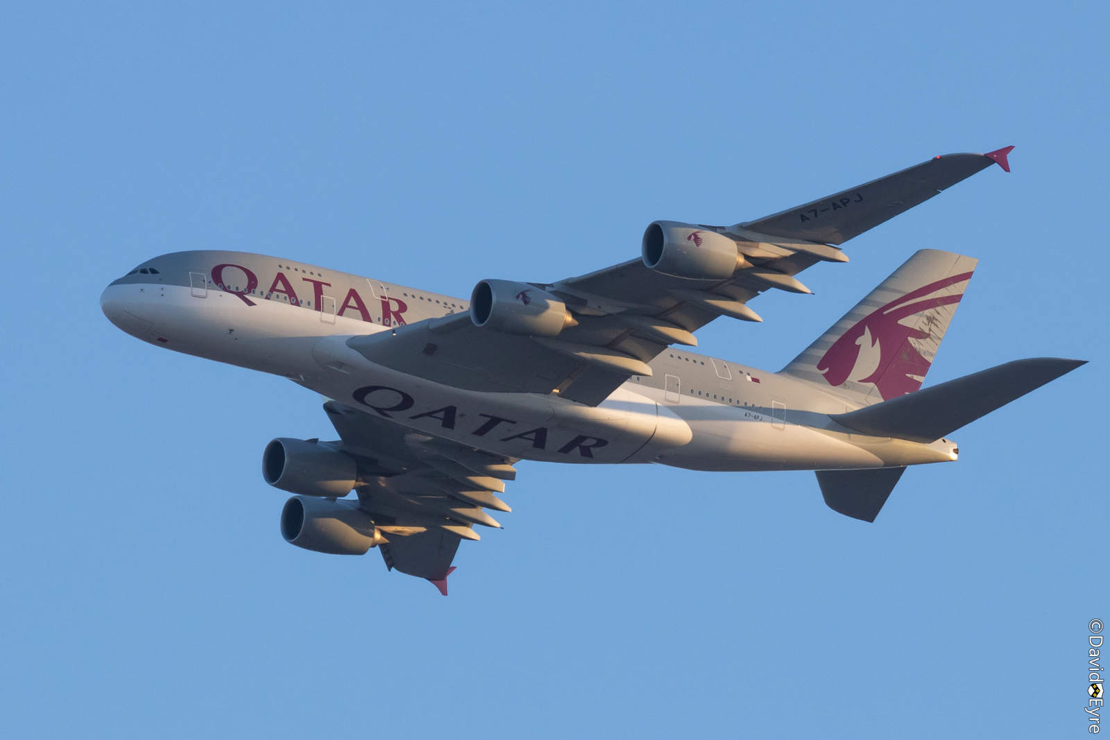 A7-APJ Airbus A380-861 of Qatar Airways, named ‘Al-Sakhama’, over the ...